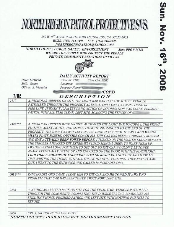 Example Report from North Region Patrol Protective Services in San ...